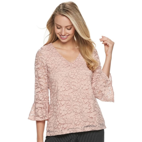 Elle | Tops | Elle Pink Floral Lace Bell Sleeve Top | Poshmark